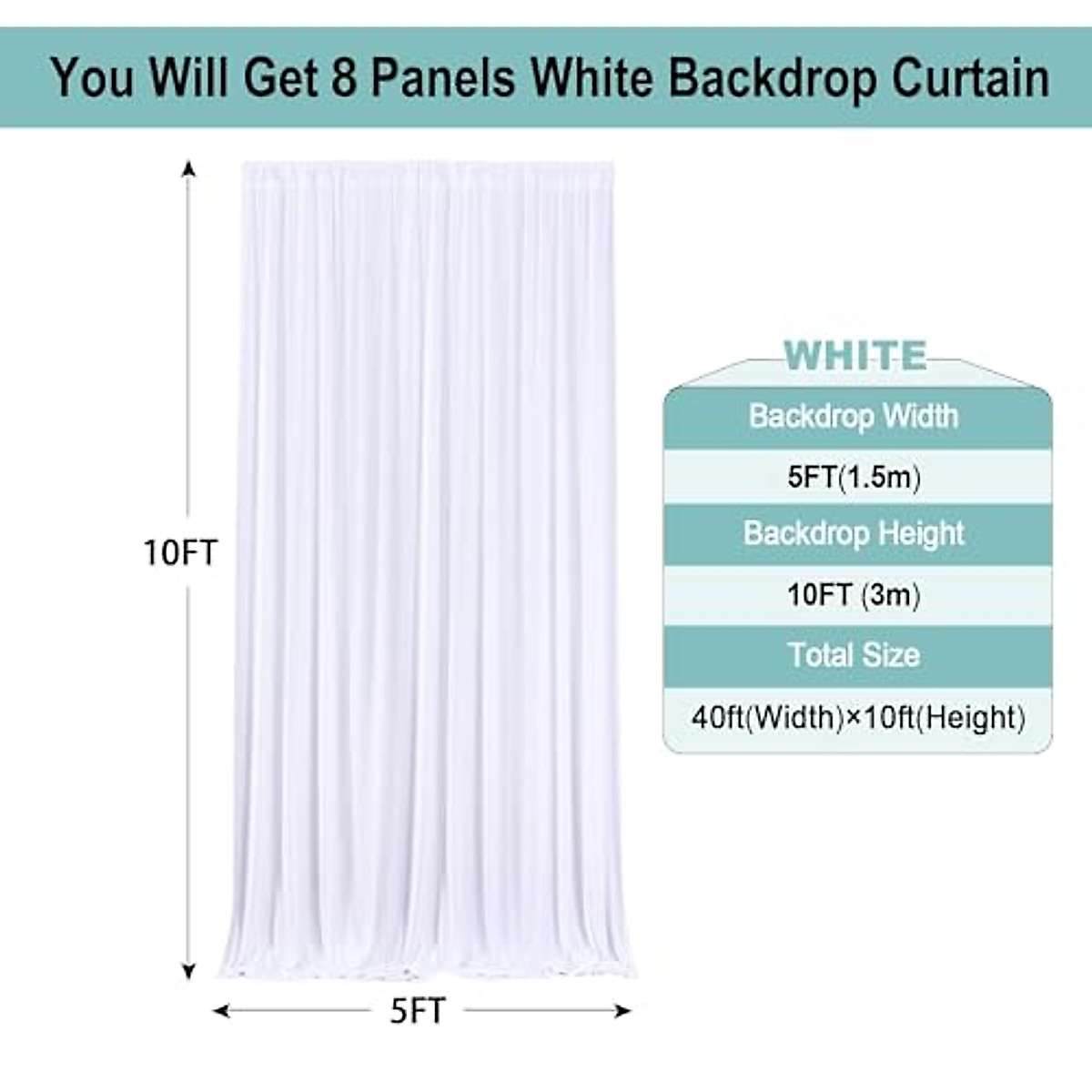 40ft×10ft Wrinkle Free White Backdrop Curtain for Wedding Party, 8 Panels 5×10ft Thick Silky Polyester Photo Backdrop Drapes Curtains for Parties Birthday Baby Shower Baptism Photography Home Decor