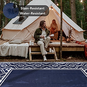 HUGEAR RV Outdoor Rug Waterproof Mat Outdoor Rugs 9'x12' for Patios Clearance Carpet Outdoor Camping Rugs Large Plastic Straw Rug (9x12ft Lantern Navy Blue&White)