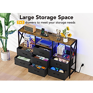 Black Dresser for Bedroom, 53" Dresser TV Stand with LED Light and Power Outlets, 7 Drawers Dressers, Fabric Chest of Drawers with Open Shelf, Large Dressers for Bedroom, Living Room