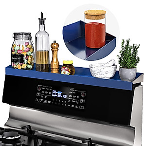 IIIOIIIA Stove Top Magnetic Shelf for Kitchen Organization | 30" No Magnet Spice Rack Over The Stove | 4" Deep Spice Organizer with Border All Around | Brushed Stainless - Blue (Magnets not Included)