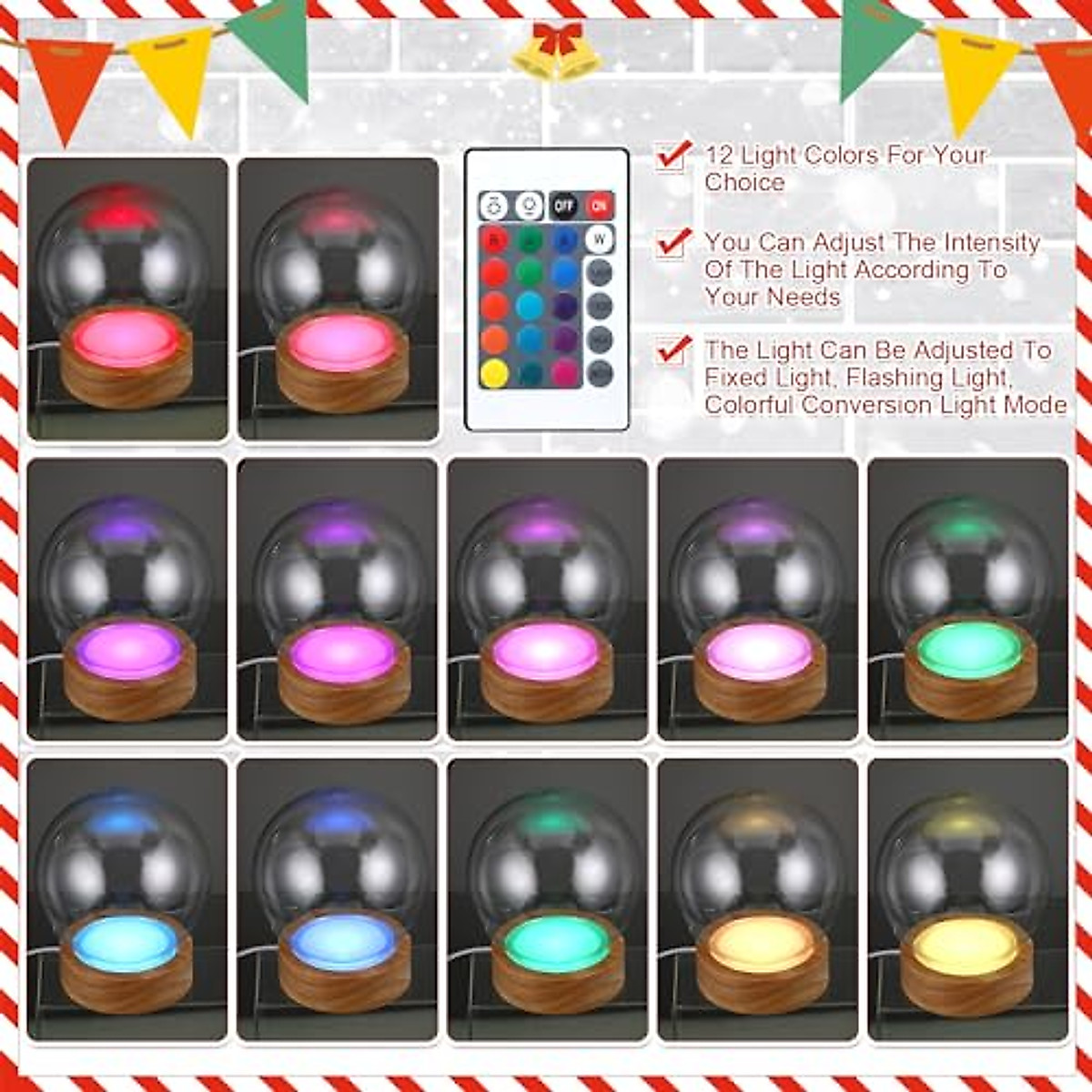 8 Pcs Christmas DIY Snow Globes Water Globe with LED Light Base Wooden Stand and Fake Snow Bulk 5'' Clear Plastic Snow Globe Kit Waterproof Screw Off Cap for Xmas Winter DIY Craft(Multicolor)