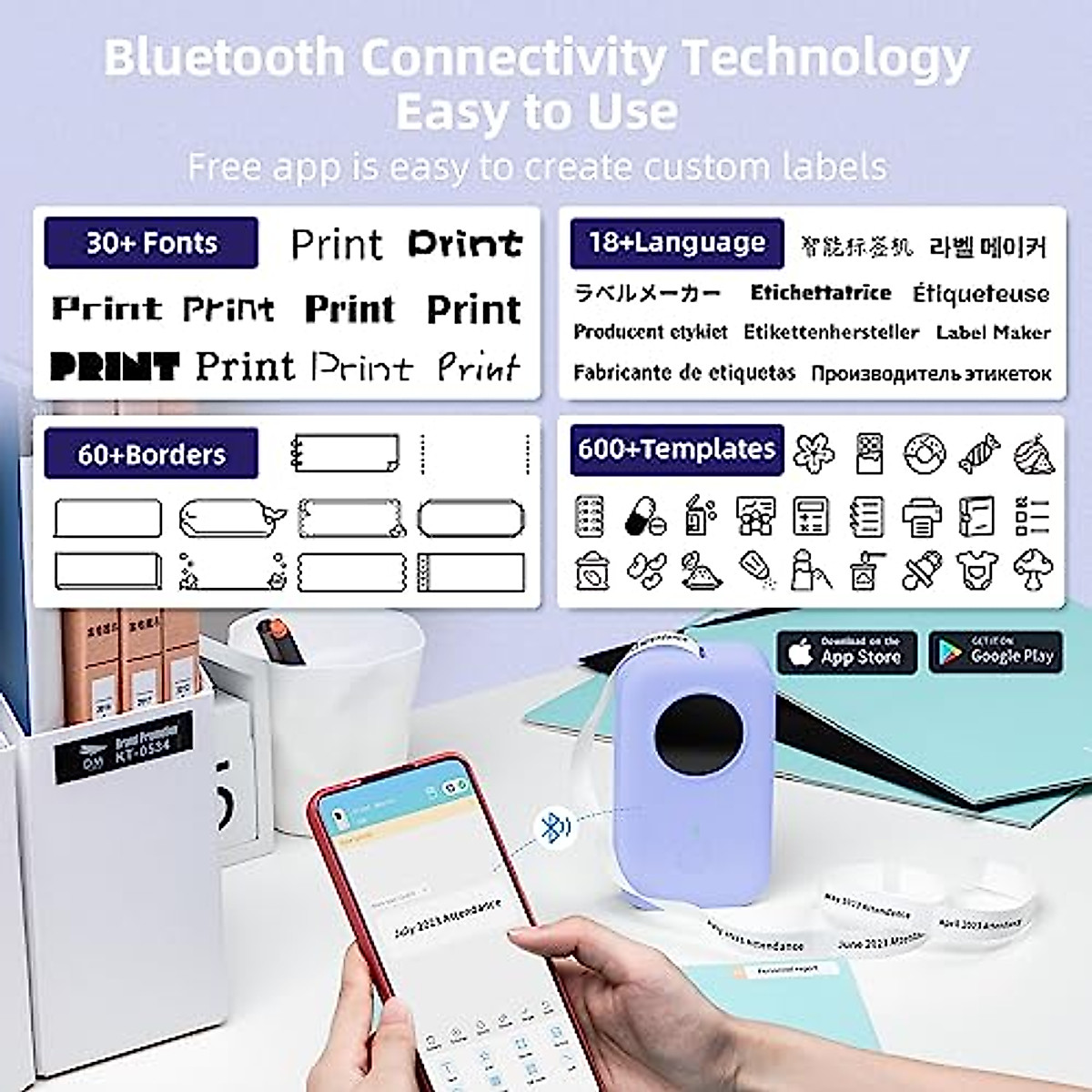 Memoqueen D30 Label Maker Thermal Mini Label Printer-Bluetooth Portable Label Maker Machine with Tape,Labeler Compatible with Phomemo D30 iOS&Android, Easy to Use for Home Office Organization,Purple