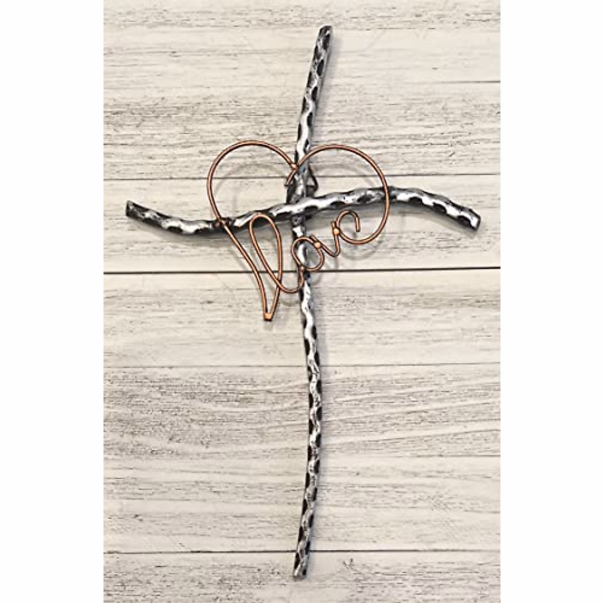 Top Brass Love/Heart Decorative Metal Wall Cross - Welded Wrought Iron - Valentine, Anniversary Jesus Art Decor - Antigue Silver/Copper Finish