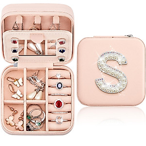 Sweetude Travel Jewelry Box Initial Jewelry Case Mini Pink Jewelry Organizer with Mirror Travel Ring Earring Jewelry Holder for Women Girls Mom Girlfriend Wedding Bridesmaid Friends Birthday Gifts (S)