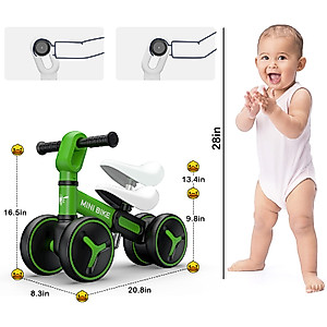 Baby Balance Bike for 1 Year Old Boys Girls, 12-36 Months Riding Toys Toddler Bike with Adjustable Seat, No Pedal Infant 4 Wheels Bicycle, Baby's First Bike First Birthday Gift Christmas