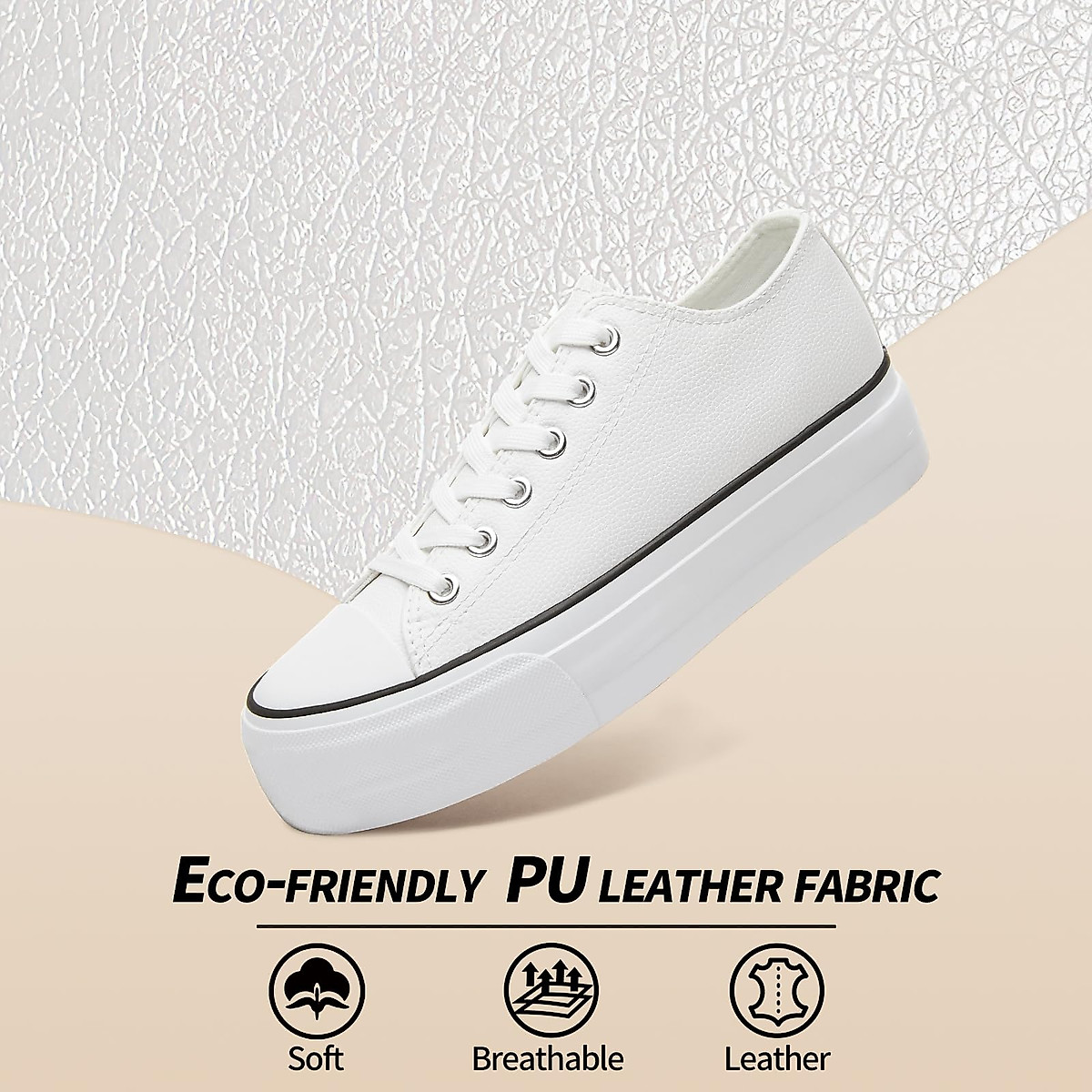 Rominz Women's Platform Sneakers Fashion PU Leather Low Top Lace-Up Platforms Shoes for Women Lightweight Comfortable Classic Casual Slip On Shoes Walking Shoes(White, US8)