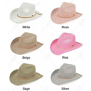 C.C Sparkly Sequin Cowboy Hat with Suede String Trim, Beige