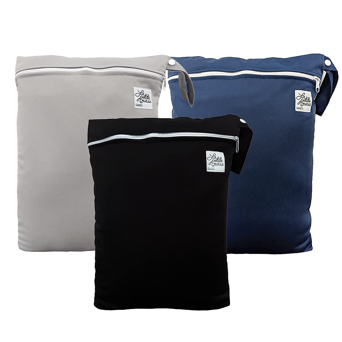 La Petite Ourse Wet Dry Bags with Zipper Closure and Hanging Strip, Washable, Reusable, Waterproof, for Swimming Suit, Baby Cloth Diapers, Beach, Pool, Travel, Gym, Daycare - Pack of 3