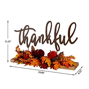 Glitzhome Autumn Harvest Table Centerpiece - Metal Thankful Sign with 24" L Artificial Floral Maple Leaves Pumpkins Pinecones and Berries Arrangement for Harvest Party Thanksgiving Fall Ornaments