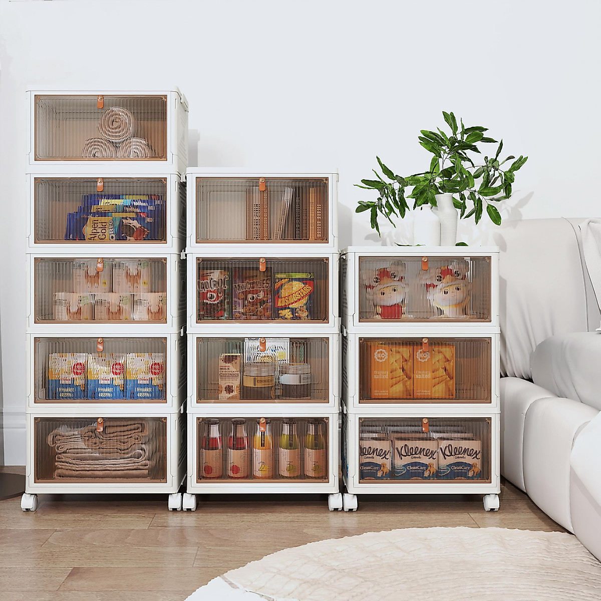 5 Tier Stackable Storage Bins with Lids, 28Qt Plastic Storage Containers with Magnetic Doors & Wheels, Convenient Storage Bins Closet Organizers, Household Organization for Home, Party, Office, Dorm