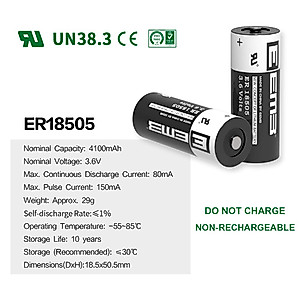 4X EEMB ER18505 Nonrechargeable 3.6V Lithium Battery Li-SOCL₂ 4100mAh High Capacity UL Certified Single-Use 3.6V Lithium Thionyl Chloride Battery DO NOT Charge Battery