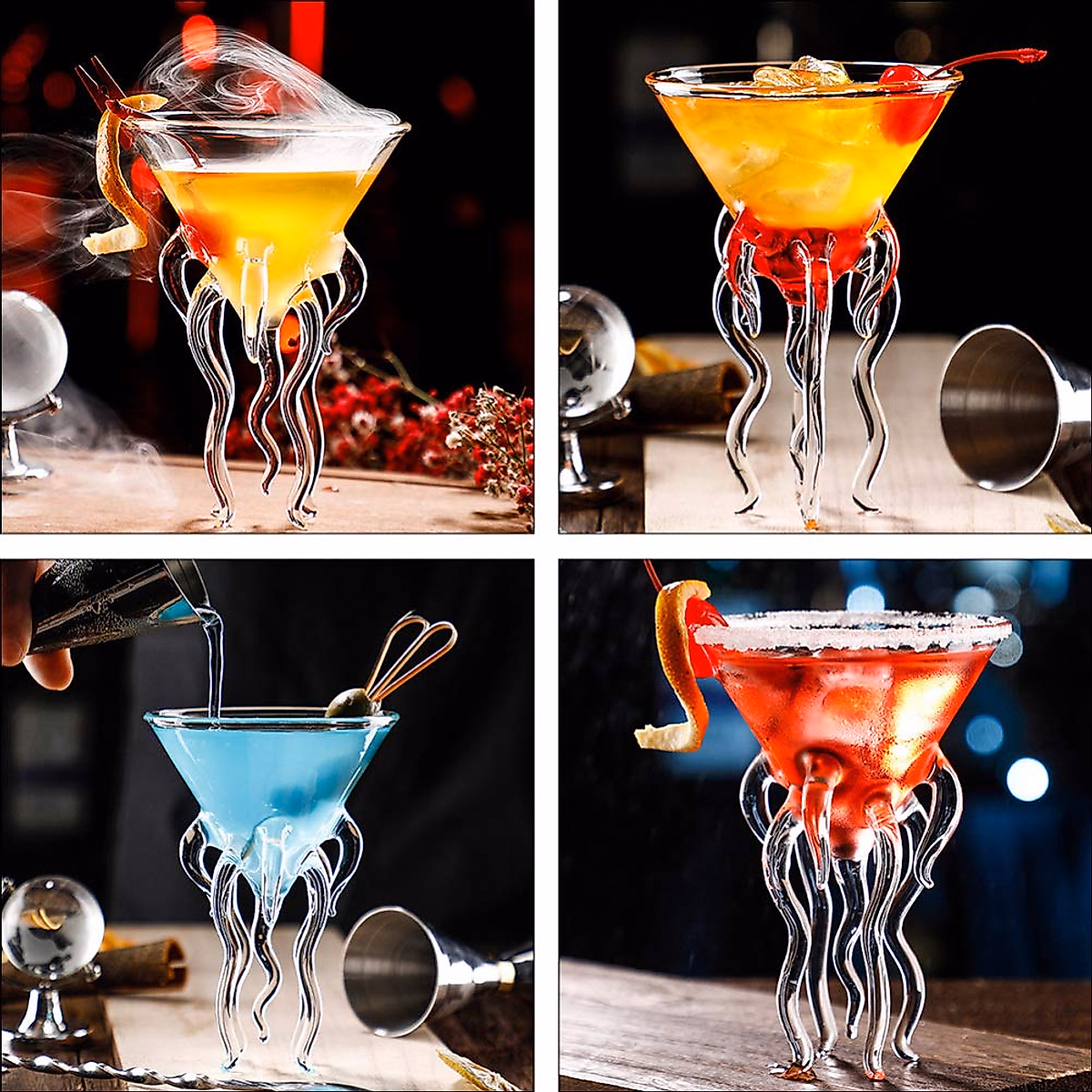 DOITOOL Octopus Cocktail Glass, 3Pcs Martini Glass Creative Cocktail Drinkware Bar Goblet Tools for Home Party Banquet Wedding ( Transparent )