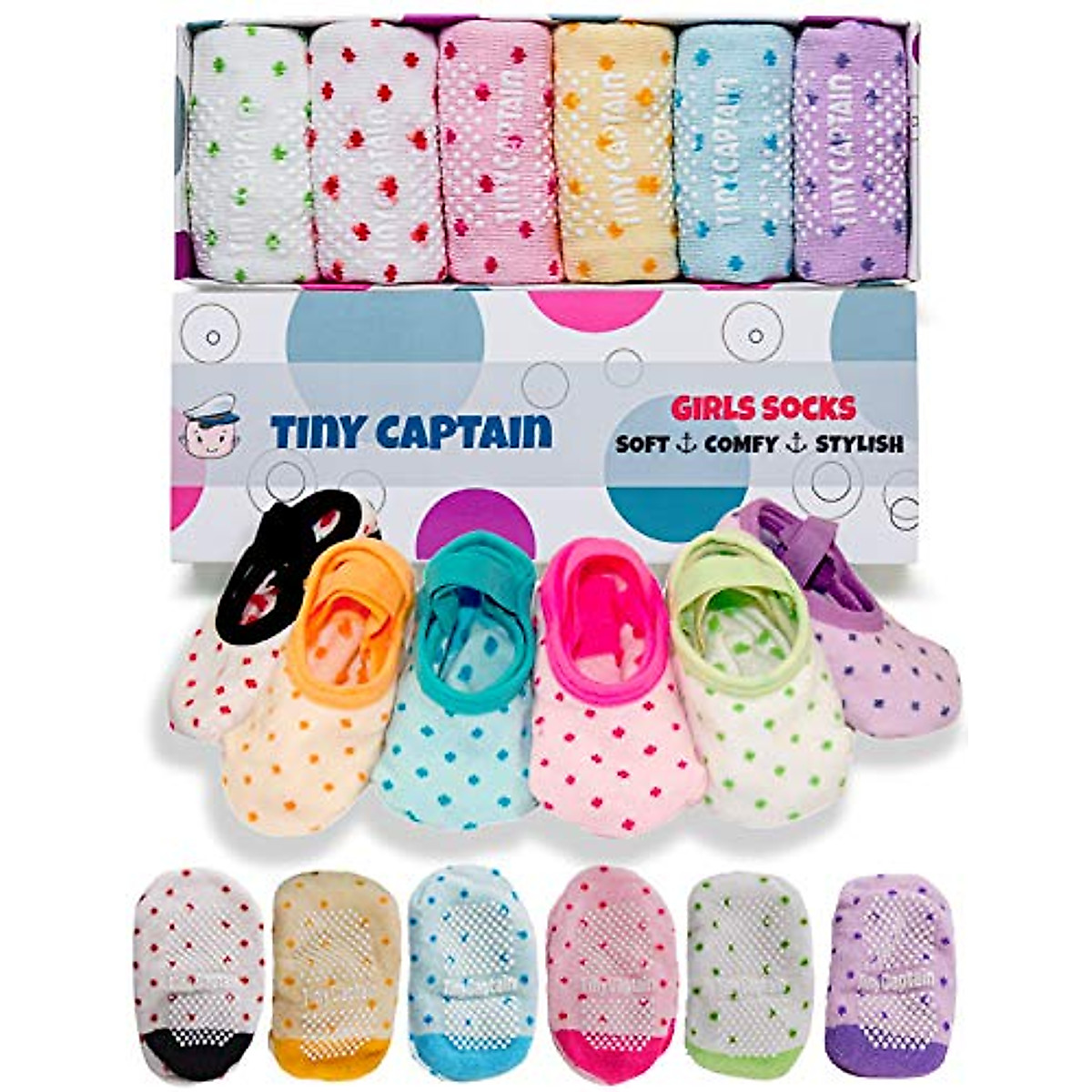 Tiny Captain Baby Toddler Girls Grip Socks 0-12, 1-3, 3-5 Year Old Anti Slip w/Strap Socks Girl 0-5 Yr Old Gift (as1, age, 1_year, 3_years, Rainbow - 6 Pairs)