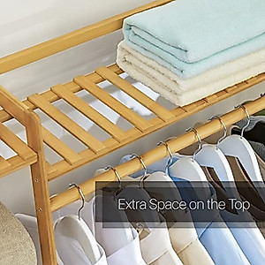 MoNiBloom Bamboo Coat Rack with 5-Tier Storage Shelves Trapezoid Freestanding Garment Rack Clothes Hanging Rack Stand for Bedroom Living Room, Natural