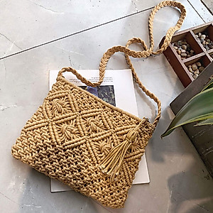 WOG2008 Women Summer Straw Crossbody Bags Woven Chain Fringed Small Square Purses Stylish Tassel Beach Handbag