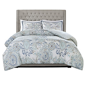 Madison Park Isla Reversible Cotton Duvet - Casual Medallion Floral to Damask Print Reverse, All Season Comforter Cover Bedding Set with Matching Shams, Blue King/Cal King(104"x92") 3 Piece