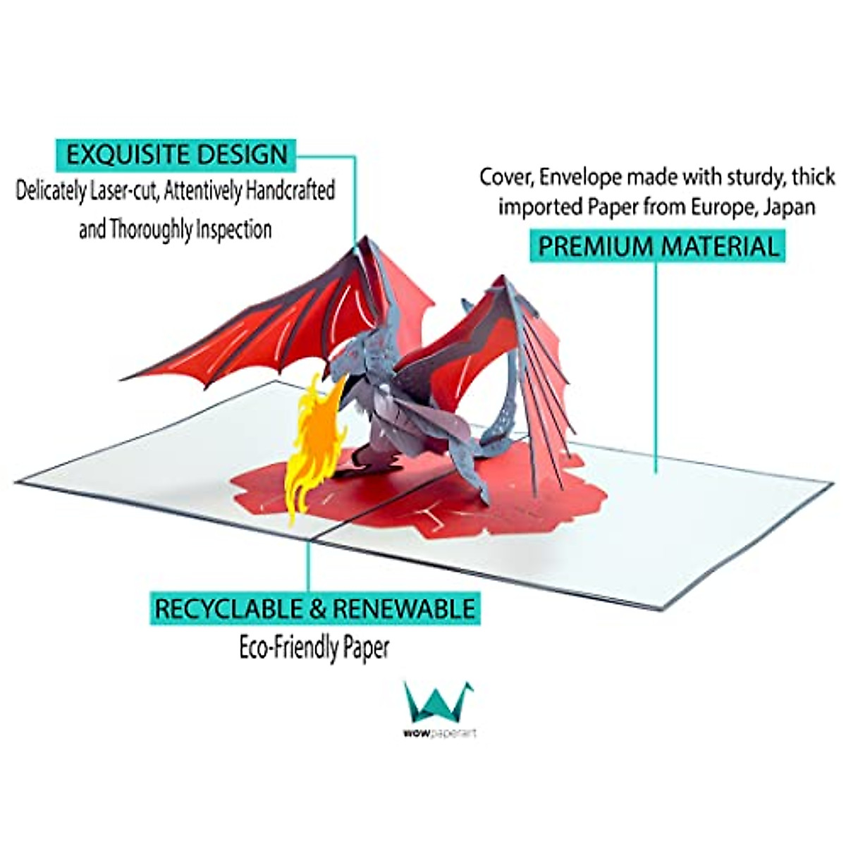 WOWPAPERART Dragon Fire - 3D Pop Up Greeting Card For All Occasions - Birthday, Love, Christmas - Ultimate Card for Dragon Lovers