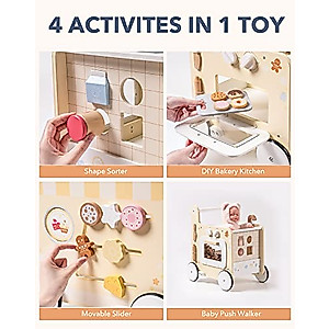 ROBOTIME Baby Push Walker Wooden Strollers,4 in 1 Multiple Activities Center Learning Activity Walker Toys, Suitable for Toddlers Kid 12Mos+ with Bakery Kitchen,Shape Sorter and Movable Slider