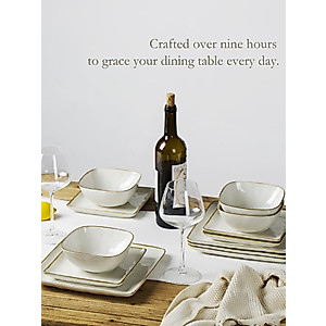 Famiware Dinnerware Sets for 4, Ocean Square 12-Piece Kitchen Plates and Bowls Sets, Microwave and Dishwasher Safe, Scratch Resistant, Vanilla White