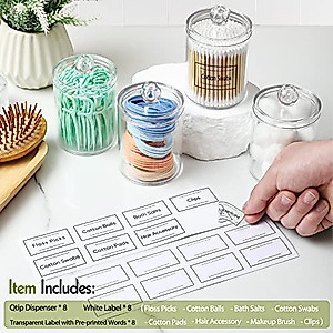 8 Pack Qtip Holder Dispenser with Lids & Labels, Cotton Ball, Cotton Swab, Cotton Round Pads, Floss Storage Canister - Clear Plastic Apothecary Jar for Bathroom Vanity Makeup Organizer (12oz & 10oz)