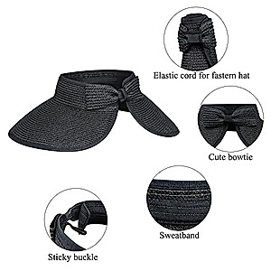 Andiker Women Roll Up Sun Visors Hat, Fordable Wide Brim Ponytail Beach Hat with A Storage Bag Black
