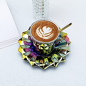 VCXOX Ceramic Coffee Mug, Creative French style Cup with Electroplated Geometry Saucer & Spoon Sets, Novelty Coffee Cup,6 oz/180 ml for Tea Latte Milk (purple)