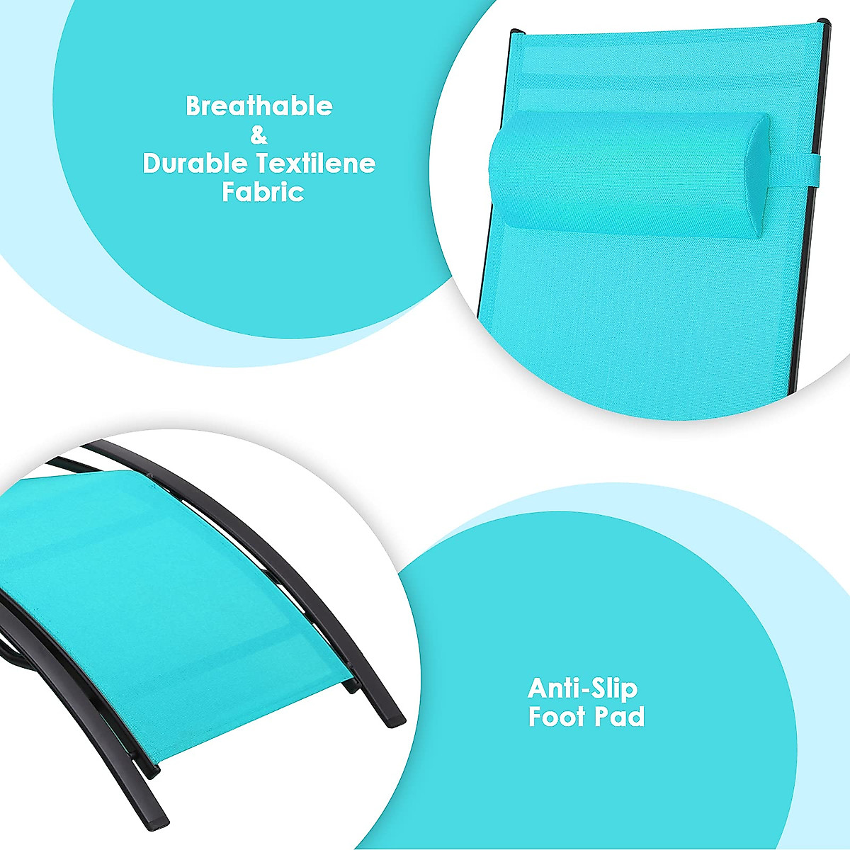 AthLike 3 pcs Poolchairs Patio Chaise Lounge Set with Headrest, 5-Level Adjustable Sunbathing Tanning Poolside Recliner Chairs with Side Table for Outdoor Beach (Blue, 2 Chairs and 1 Table)