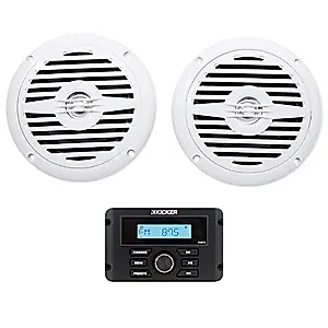 KICKER KMC3 Marine Digital Media Gauge Receiver w/Bluetooth/USB For Boat/ATV/UTV Bundle with Pair Rockville MS525W 5.25" 400 Watt Waterproof Marine Boat Speakers 2-Way White