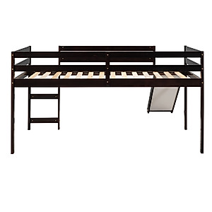 Harper & Bright Designs Kids Low Loft Bed with Slide, Twin Size Wooden Loft Bed Frame, Espresso