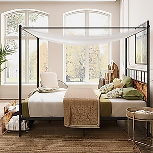 LIKIMIO Canopy Bed Frame Full with Wooden Headboard and Drawer, Full Size Bed Frame with 4 Removable Sturdy Posts, Noise Free, No Box Spring Needed, Vintage Brown