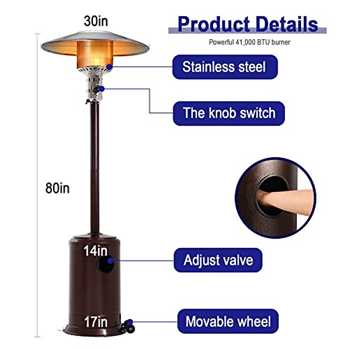 PIONOUS Powerful 41,000 BTU Patio Heater Tall Standing Hammered Finish Garden Outdoor Heater Propane Standing - 3 Set, Bronze