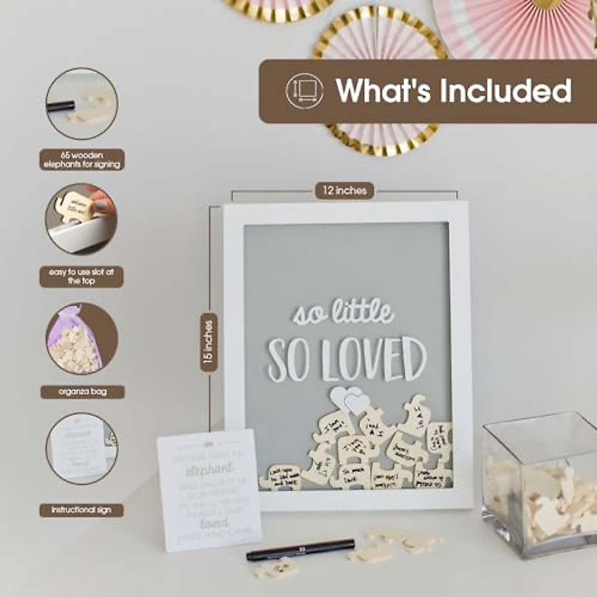 Pearhead So Little So Loved Wooden Elephant Token Frame, Little Wishes Signature Baby Shower Guestbook Alternative, Gender-Neutral Pregnancy Keepsake With 65 Signature Tokens and Pen, Gray and White