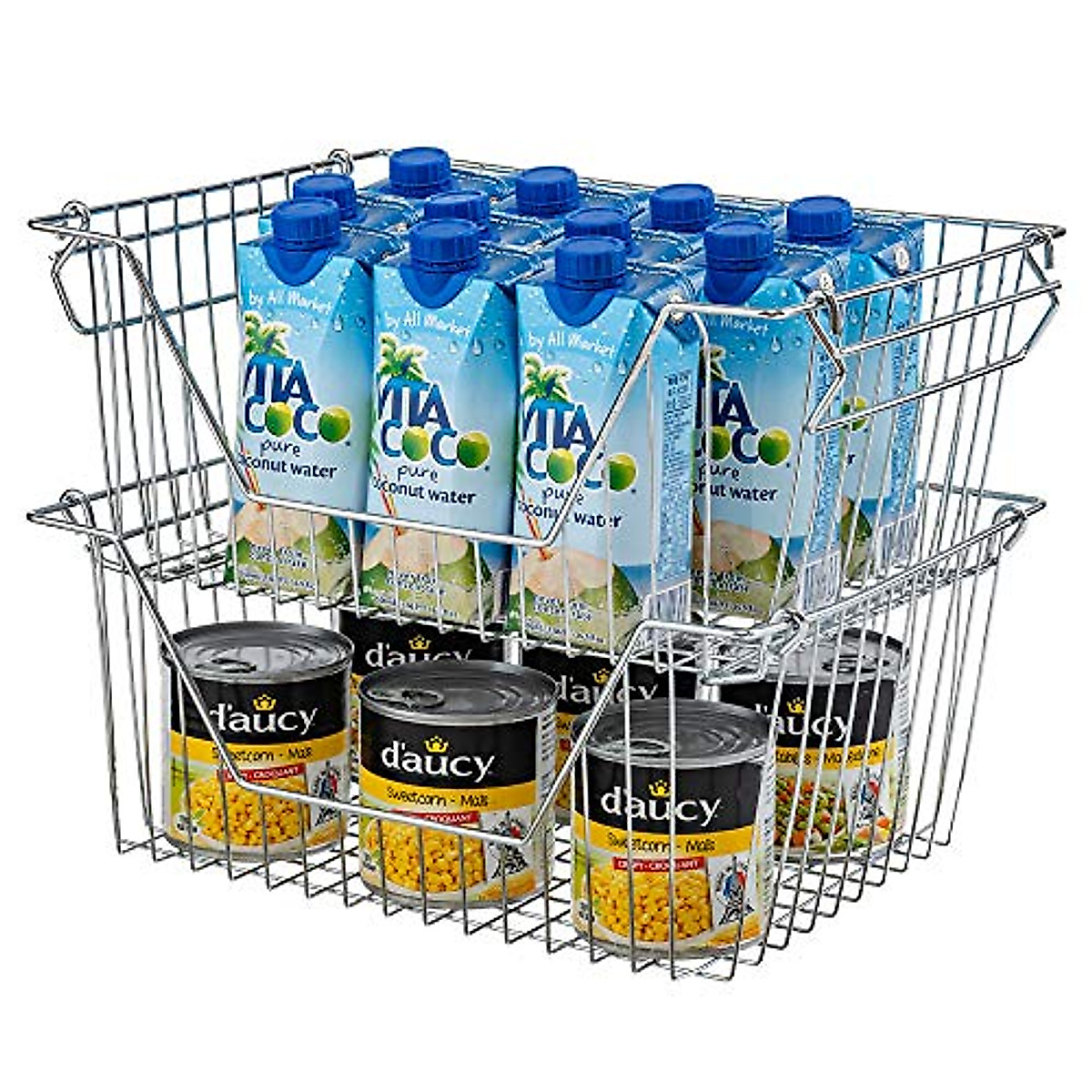 Slideep Large Stackable Storage Baskets Cabinet Organizer Sturdy Metal Wire Pantry Freezer Bin for Pantry Home Bathroom Kitchen Organization 4 Packs