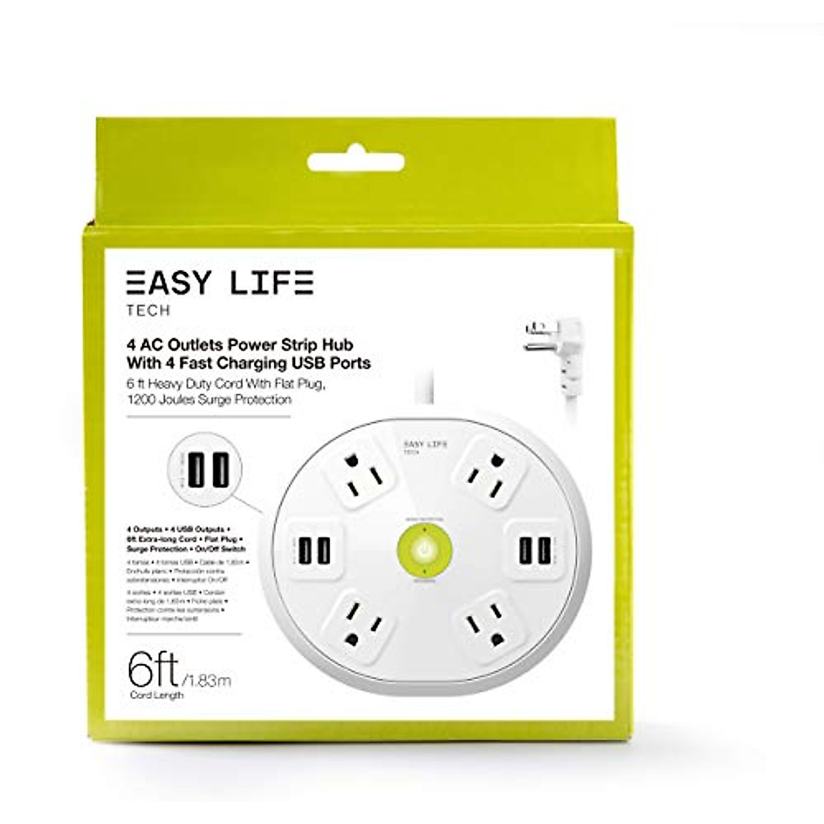 Power Strip Surge Protector Hub with 4 Outlet 4 USB 6 ft Extension Cord for Conference Room, 1200 Joules, Round Design by Easylife Tech
