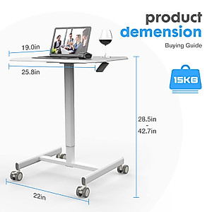 dumos Small Standing Laptop Desk Mobile Standing Desk Manual Adjustable Home Office Desk Height from 28.5“ to 42.7" Rolling Standing Desk 48" x 65“ for Working, Meeting, Teaching, Speeching, White