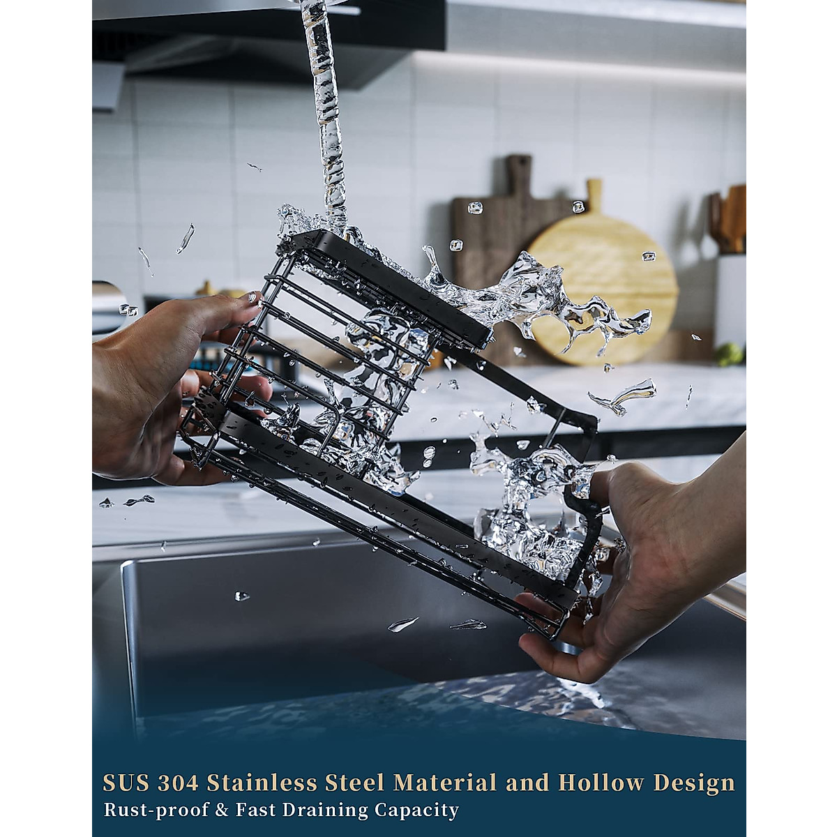 Consumest 5 in 1 Kitchen Sink Organizer with Removable Drain Tray, Quick Draining Kitchen Sink Caddy Rustproof Stainless Steel Sink Sponge Holder for Sponge, Cleaning Towel, Scrubber, Black