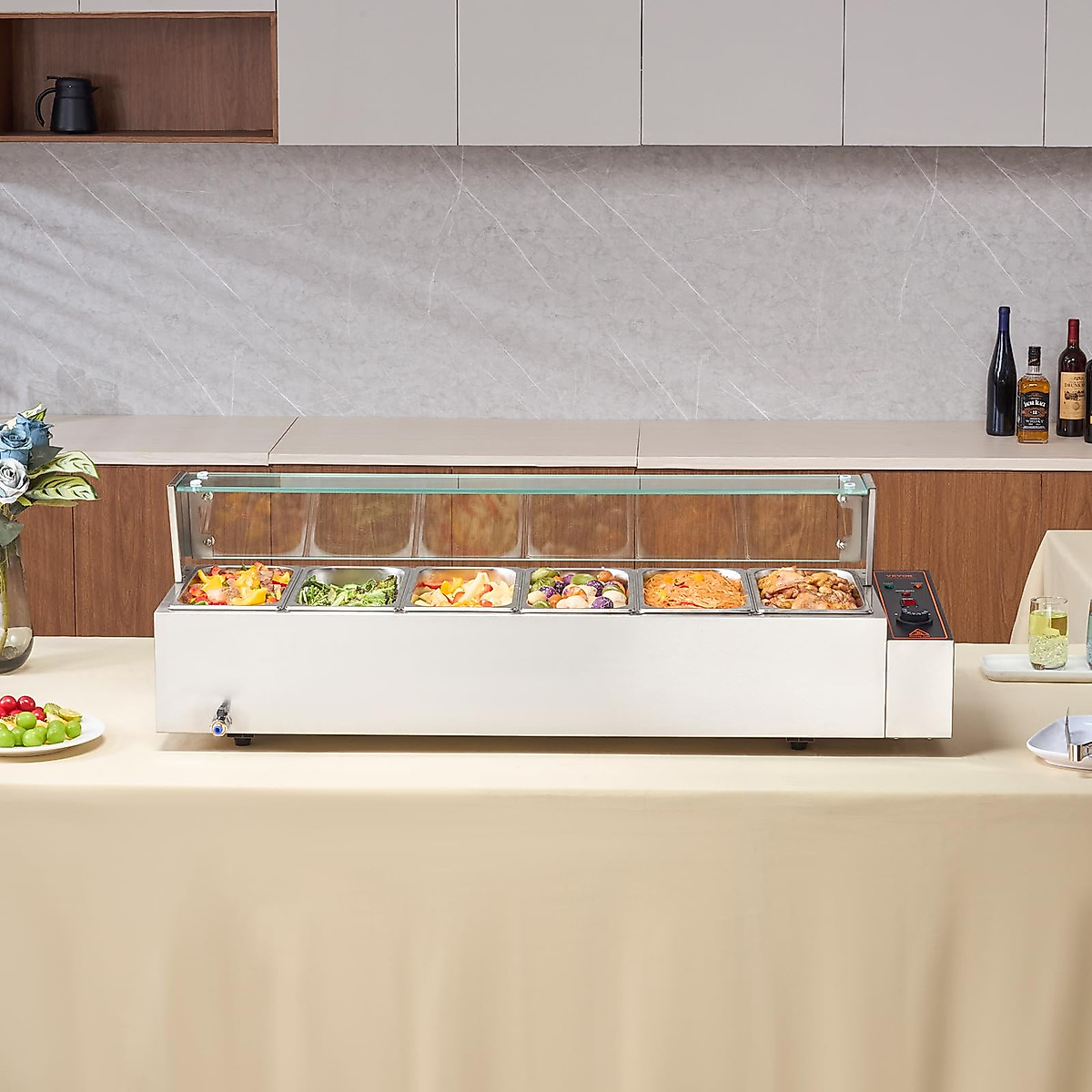 VEVOR 6-Pan Commercial Food Warmer, 6 x 8QT Electric Steam Table with Glass Cover, 1500W Countertop Stainless Steel Buffet Bain Marie 86-185°F Temp Control for Catering, Restaurants, Silver