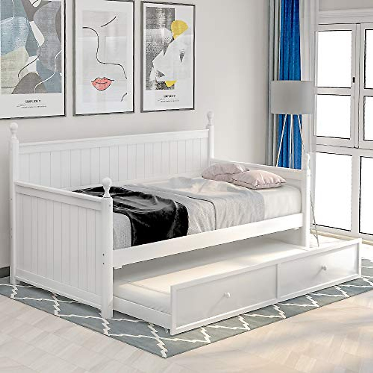 Solid Pine Wood Twin Size Daybed Frame - Used as Sofa or Bed, Ideal for Small Spaces with Trundle - Concise and Modern Appearance - with Square Posts and Wide Boards - Easy to Assemble - White