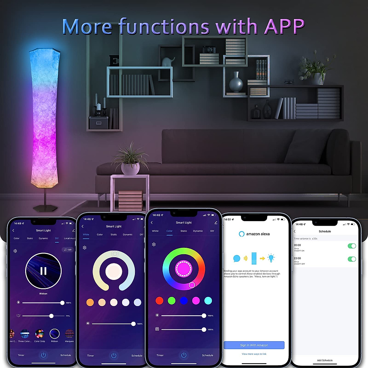 AMERCOT Floor Lamp,RGB Color Changing Led Lamp,Smart Lamp ,Alexa APP Light Control,59" Modern Lamp with Remote,Music Mode,Dimmable Standing Lamp for Living Room Bedroom Game Room
