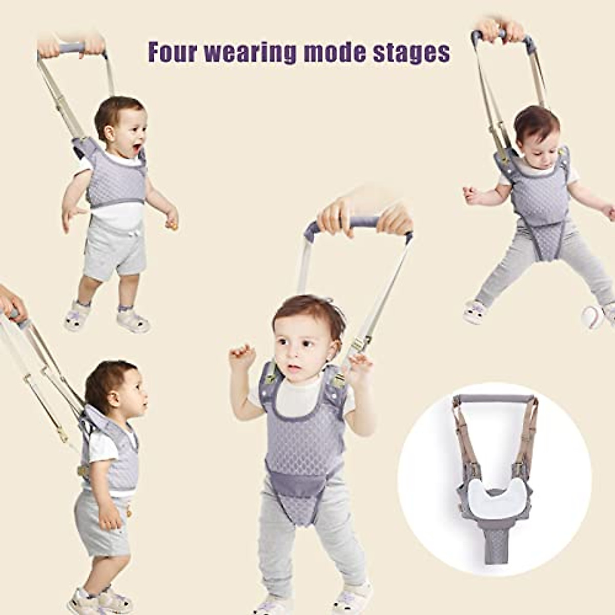 Baby Walking Harnesses, Handheld Kids Walk Helper Lightweight Adjustable Detachable Crotch Pad Handheld Toddler Walk Assistant Belt for 8‑24M Webbing, Mesh Material(Monsoon Grey-Profile Mesh)