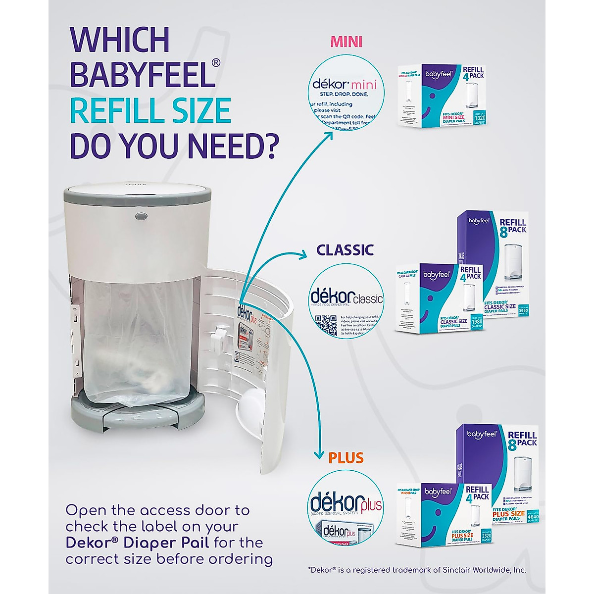 Babyfeel Refills Compatible with DEKOR MINI Diaper Pails | 4 Pack | Exclusive 20% Extra Thickness | Diaper Pail Refills with Powerful Odor Elimination | Powder Scent | Holds up to 1320 Diapers