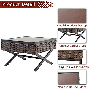 Festival Depot Patio Side Coffee Table Outdoor Bistro Dining Furniture with Wood Grain Top, Wicker Rattan and X Shaped Metal Steel Legs (Brown)