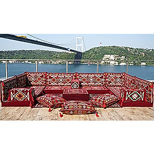 Red Color U Shaped Arabic Sofa Set, Arabic Majlis, Turkish Floor Seating Set, Oriental Floor Couches, Indoor Floor Sofas, Floor Cushions (U Sofa Full Set)