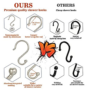 Nickel Shower Curtain Hooks Rings, Never Rust Proof and Durable Aluminum Shower Curtain Rings, Set of 12 S Hooks Hangers for Shower Rod, Pots and Pans, Plants, Clothing, Towels, etc.（Nickel）