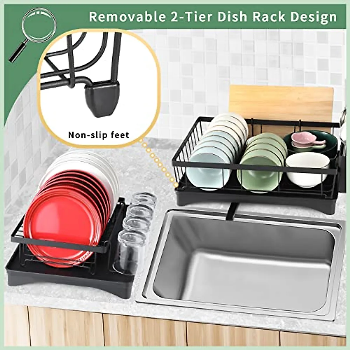 Dish Drying Rack - 2 Tier Dish Drying Rack with Drainboard Set, Large Dish Racks for Kitchen Counter, Dish Drainer Rack with Utensil Holder, Dish Strainers for Kitchen Counter, Black