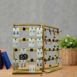 Jewack Wooden Foldable Jewelry Display Stand with Removable 32 Hooks, Earring Cards necklace bracelet Keychain Showcase Cascading Merchandise Organizer For Selling For vendor events