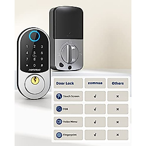 Keyless Entry Door Lock, Zomnua Fingerprint Smart Front Door Locks with Keypads, Smart Digital Biometric Electric Deadbolt Lock with Auto Lock, Fob, Code, Touchscreen,Silver