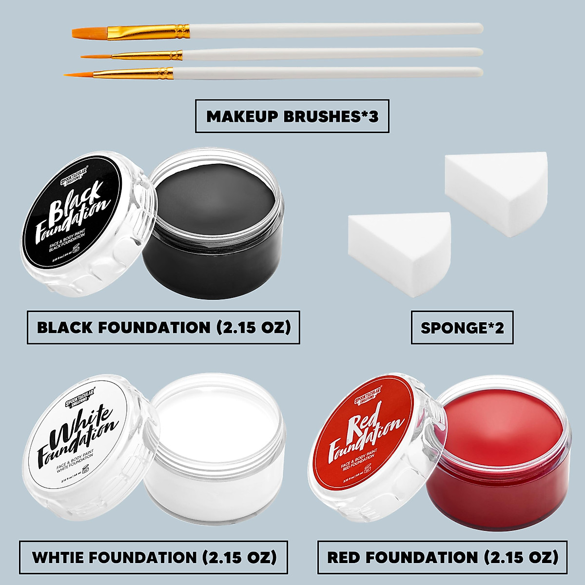 Spooktacular Creations 8 PCS Halloween Makeup Kit 3 Face Body Paint Oil Based Foundation Set with 3 Painting Brushes, 2 Sponges for Halloween Clown SFX Zombie Skeleton Cosplay( White Black Red )