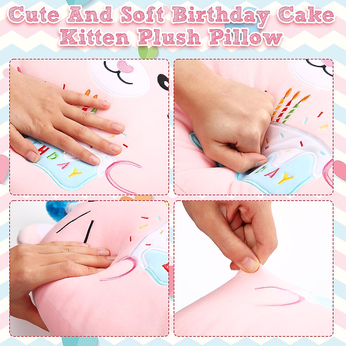 Leyndo 16 Inch Birthday Stuffed Animals Birthday Cat Plush Throw Pillow Cute Stuffed Kitten Plushie Soft Cat Plush Pillow for Kids Adults Birthday Party Favor Gift Sofa Bedroom Decorations