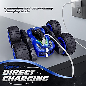 Tecnock Remote Control Car, 2.4GHz RC Cars with USB-C Easy Charging, 4WD Double Sided 360° Rotates and Flips RC Stunt Car, Toys Gift for Boys and Girls